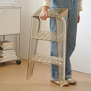 Folding Step Stool for Adults, 3 Step Ladder for Kitchen, Library Step Stool Acrylic Chair with Anti-Slip Platform and Steel Frame, Storage Shelf for Garden, 170lbs Capacity (Amber)