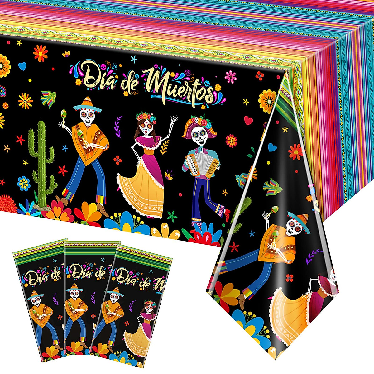 3 Pieces Day of The Dead Tablecloth Dia De Los Muertos Table Cover Halloween Sugar Skull Floral Table Cover Mexican Fiesta Plastic Tablecloth for Halloween Mexican Fiesta Party Supplies, 54 x 108 Inch