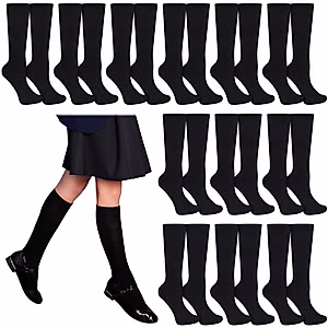 Janmercy 12 Pairs Knee High Socks for Girls School Uniform Socks Breathable Seamless Long Tube Socks for Uniform Dresses(Large,Black)