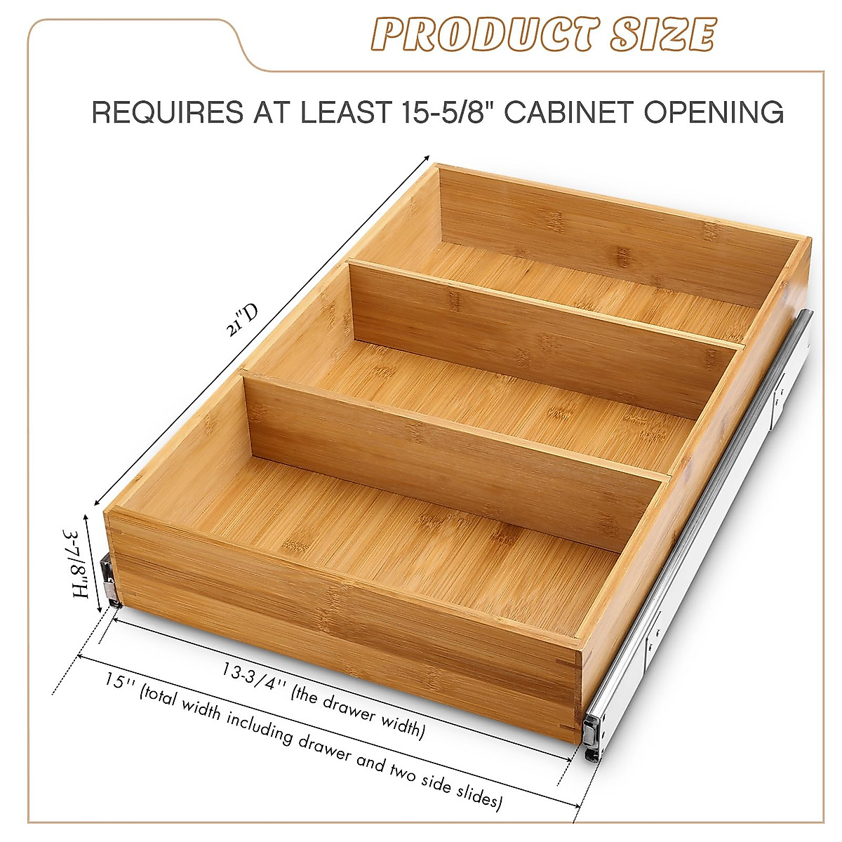 Pull Out Cabinet Drawer Organizer, Sliding Bamboo Wood Storage Rack Organization, Gliding Cupboard Shelf for Kitchen, Pantry, Slide Out Spice Rack Container Lid Organizer with Dividers, 14”W x 21”D
