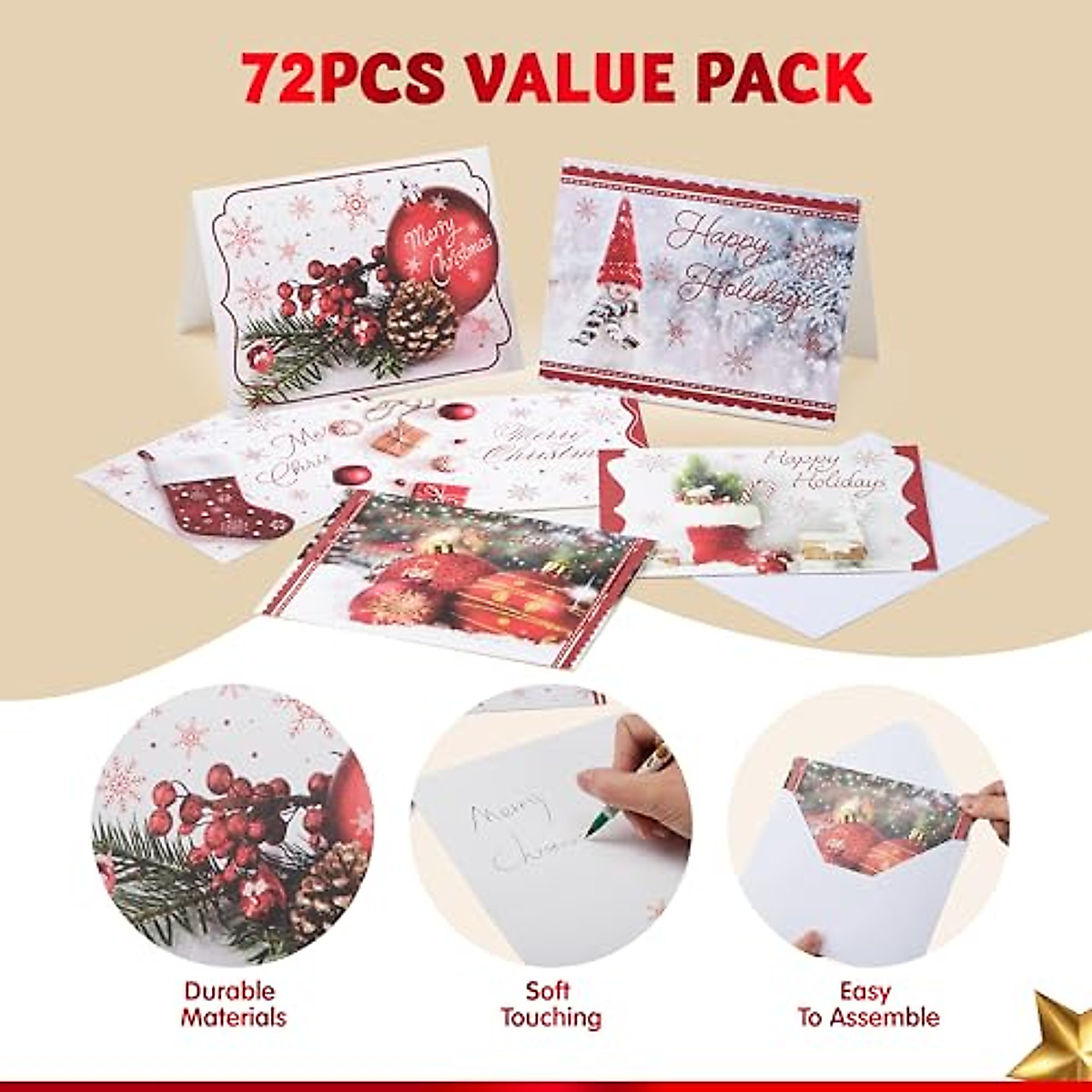 JOYIN 72 Piece Holiday Christmas Greeting Cards with 6 Artistic Greeting Designs & Envelopes 6.25” x 4.6" for Winter Christmas Season, present Giving, Xmas Gifts Cards. (Red Foil Collection)