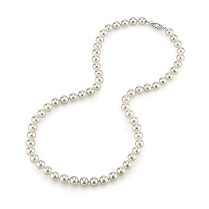 The Pearl Source 14K Gold 6.5-7.0mm Round Genuine White Japanese Akoya Saltwater Cultured Pearl Necklace in 17" Princess Length for Women