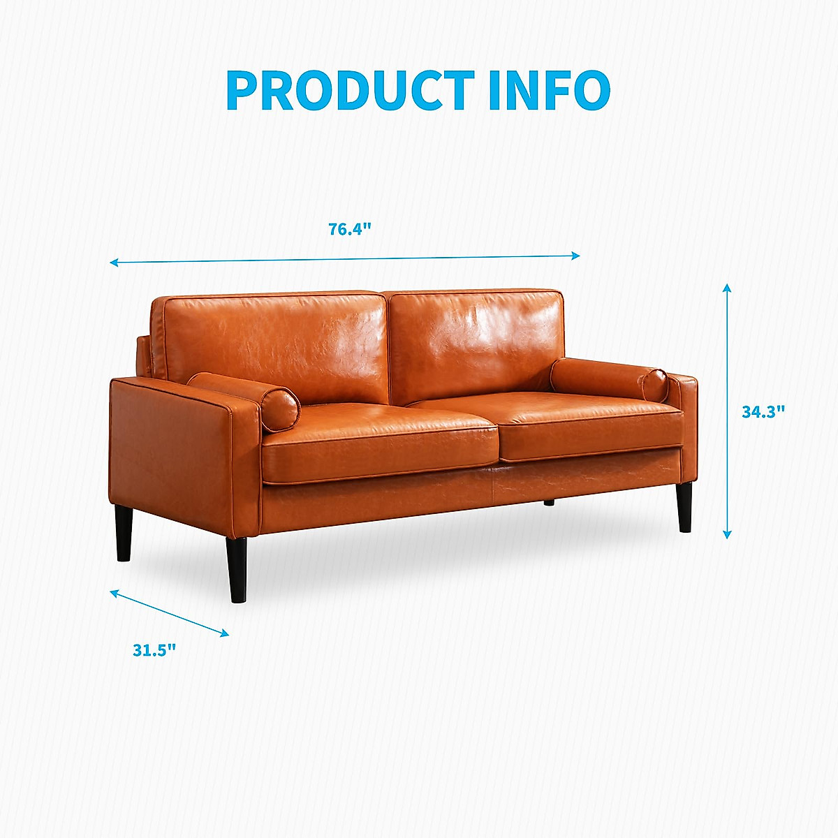 Mjkone 76" Upholstered 3 Seats Sofa, Cognac PU Leather 3-Seater Sofa Chair with Bolster Cushions, Faux Leather Brown Room Furniture, Modern Sectional Sofa Couch for Home Living Room/Apartment/Office