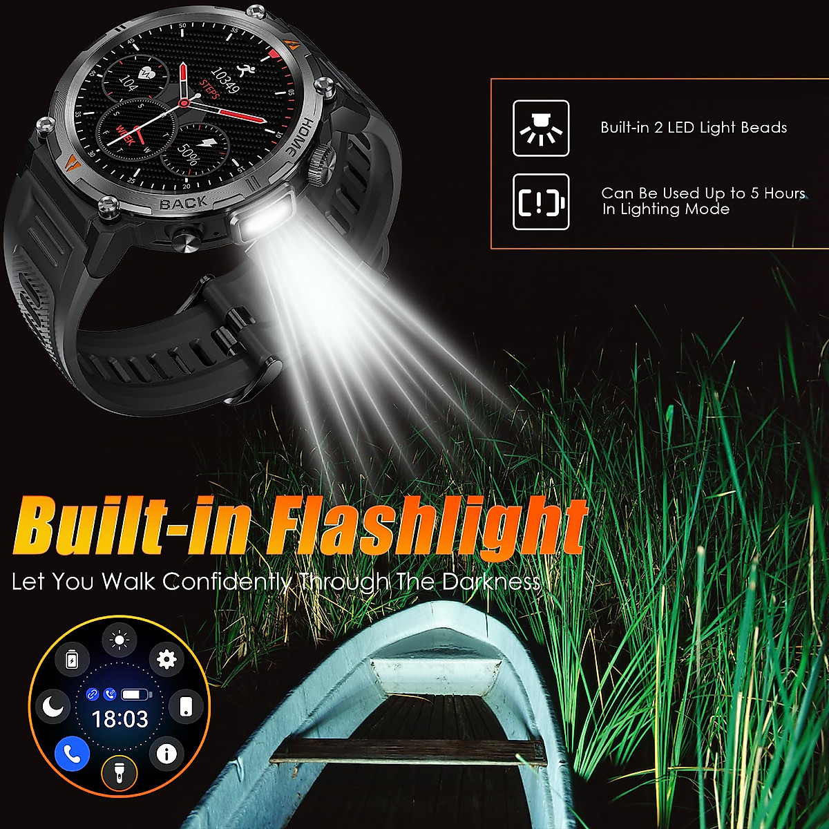 EIGIIS Military Smart Watch for Men Tactical Rugged with Bluetooth Call Flashlight 1.45'' Big Screen Fitness Tracker Heart Rate Sleep Monitor Waterproof Sports Smartwatch iPhone Android Black