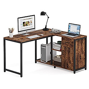 Tribesigns L Shaped Desk with Drawer Cabinet, 47 Inch Corner Desk with Storage Shelves CPU Stand, L Computer Desk Writing Study Gaming Table for Home Office (Brown)