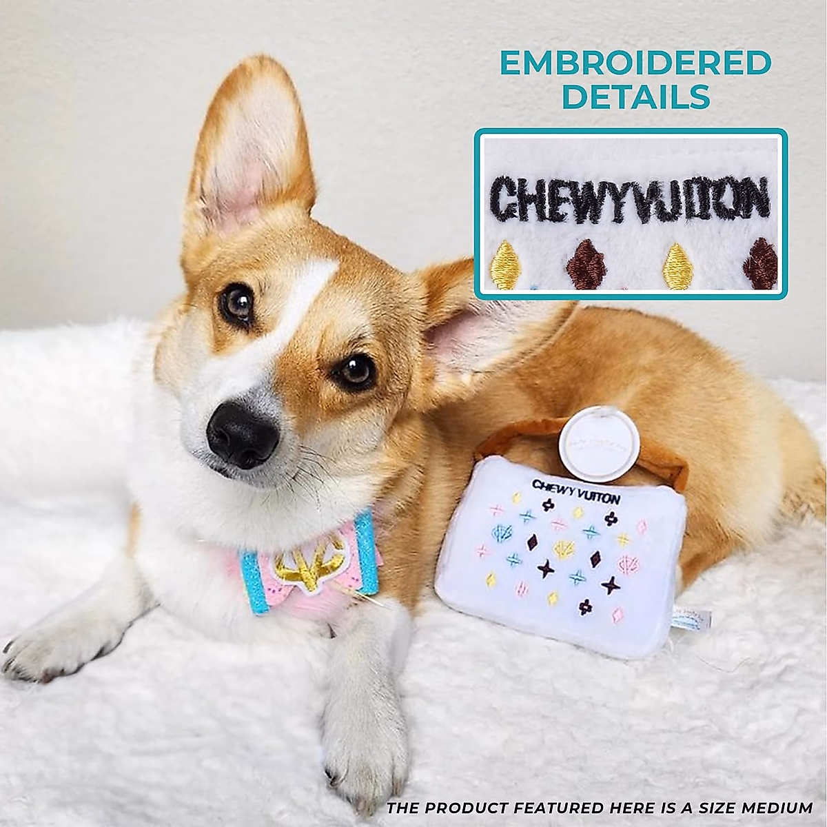 Haute Diggity Dog Chewy Vuiton White Purse, Plush Designer Dog Toys with Interactive Squeaker, Stimulating Pet Enrichment, Machine-Washable & Safe Materials for All Breeds, Size Small