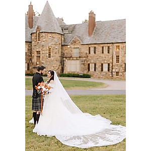 NCDIMS Newdeve Wedding Veils Cathedral Length 2 Tier Long Sequins Lace Edge Blusher with Comb 196" L 118" W