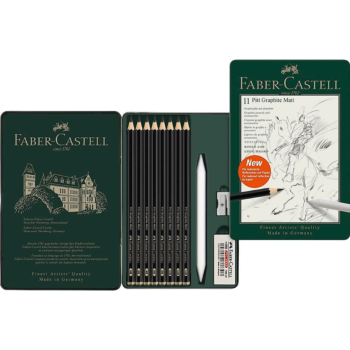 Faber-Castell Pitt Graphite Matte Pencil Set, Metal Tin of 8 Graphite Pencils and Sketching Accessories (HB, 2B, 4B, 6B, 8B, 10B, 12B, 14B), Pencil Sharpener, Eraser and Blending Stump