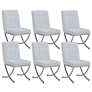 CIMOTA Modern White Dining Chairs Set of 6 Upholstered Tufted Leather Dining Room Chairs Kitchen Chairs Comfy Armless Side Chairs with Chrome Metal X Legs for Dining Room/Living Room, PU White/6PCS