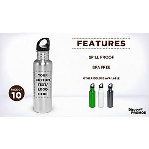 DISCOUNT PROMOS Custom Stainless Steel Water Bottles 26 oz. Set of 10, Personalized Bulk Pack - Reusable, Leak Proof, Perfect for Gym, Hiking, Camping, Outdoor Sports - Silver