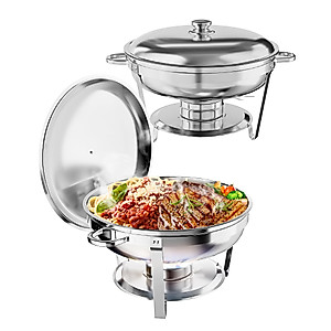 Takywep 5QT Chafing Dish Buffet Set of 2 Pack, Round Stainless Steel Food Warmers Buffet Servers Sets, Chafer with Food & Water Pan, Lid, Frame, Fuel Holder for Catering and Parties