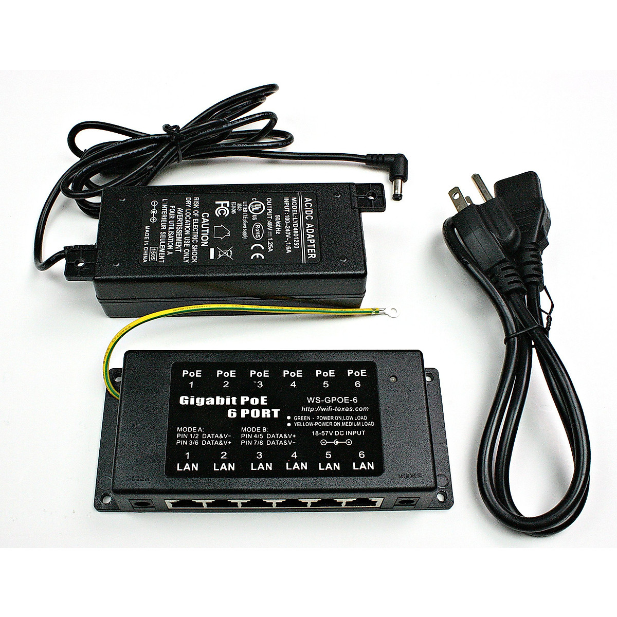 PoE Texas GPOE-6AB-48v60w | Gigabit 6 Port Passive Power Over Ethernet Injector for 802.3af Devices | with 48 Volt 60 Watt Power Supply