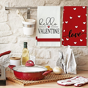 AnyDesign Valentine's Day Kitchen Towels 18 x 28 Inch Red White Hearts Dish Towel Sweet Love Hello Valentine Hand Drying Tea Towel for Wedding Anniversary Cooking Baking, 2Pcs