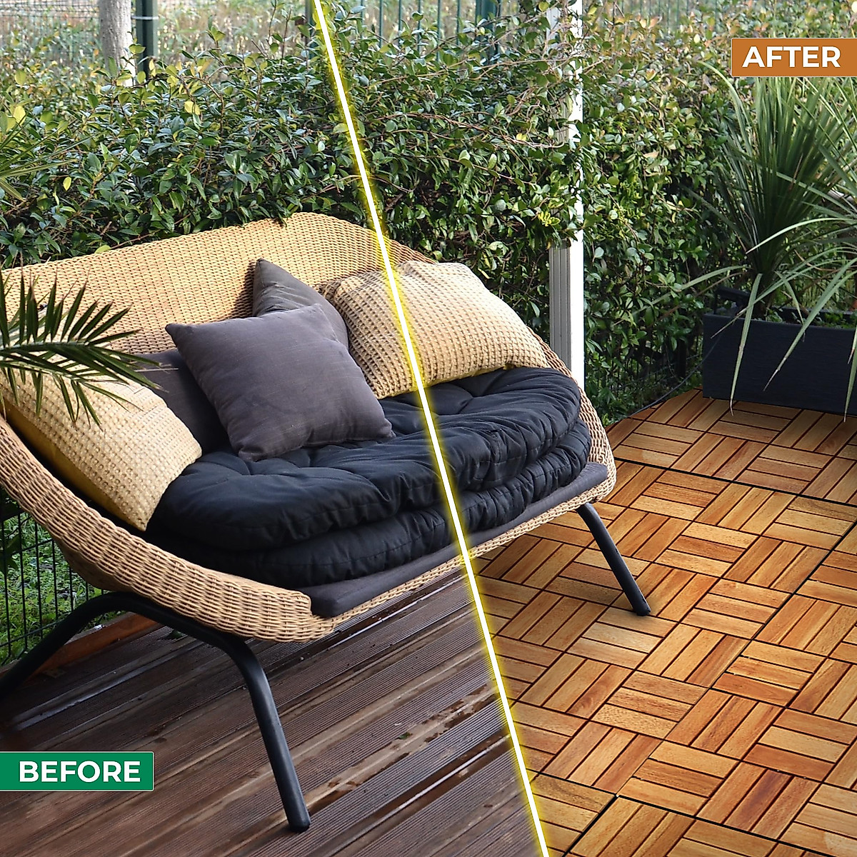 Solid Wood Interlocking Deck Tiles (Pack of 10, 12" x 12"), Acacia Deck Tiles, Floor Tiles for Both Indoor and Outdoor Use, Waterproof All Weather 12slats (12x12, 12 Slat)