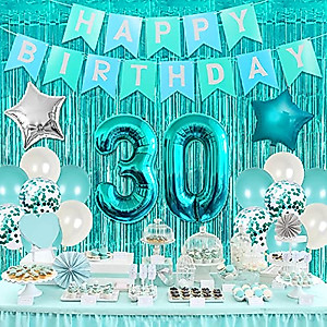 30th Birthday Decorations for Women Girls Teal - Queen Sash Happy Birthday Banner Cake Topper Number 30 Foil Balloon Foil Curtain for Turquoise Thirtieth Birthday Decorations Party Supplies for Her
