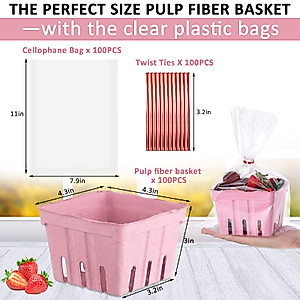 300 Pcs Pulp Fiber Basket Set, 100 Pcs Berry Basket Small Strawberry Vented Fiber Basket 100 Pcs Clear Packaging Bags 100 Pcs Tie Strips for Kitchen Market Fruit Vegetable Produce Storage (Pint Pink)