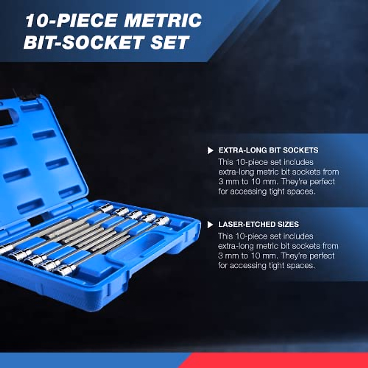 Neiko 10076A 3/8-Inch Drive Extra Long Allen Hex Bit Socket Set, Metric, 3 mm - 10 mm | S2 and Cr-V Steel, 7-Piece Set