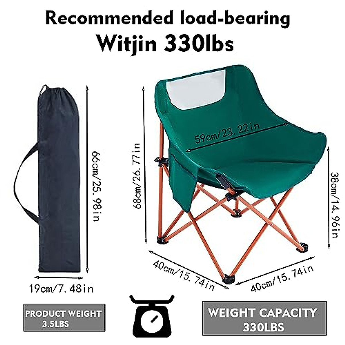 Kvittra Portable Camping Chair, Breathable Cushion Construction 2 Side Pockets Aluminum Frame Camp Chair with Carry Bag Compact and Lightweight Folding Chair for Backpacking and Camping