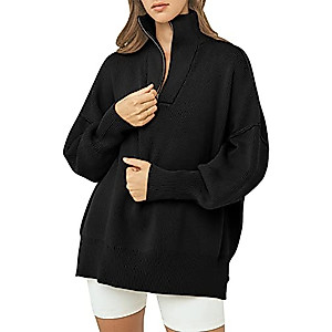 ANRABESS Women's 2023 Fall Oversized Sweater Quarter Zipper Long Sleeve Collar Drop Shoulder Half Zip Casual Slouchy Ribbed Knit Slit Side Sweatshirt Pullover Top 566heise-XS Black