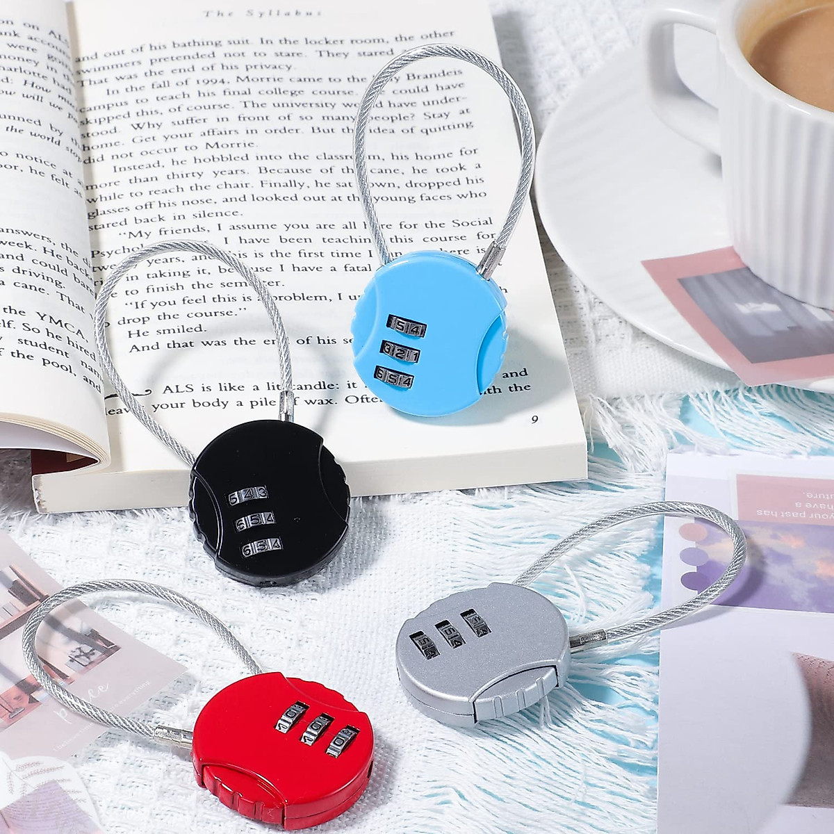 4 Pcs Combination Lock, 3 Digit Combination Padlock Code Lock with Wire Rope Outdoor Waterproof Padlock for Backpack Suitcase Door Sports Locker (Black, Red, Blue, Silver)