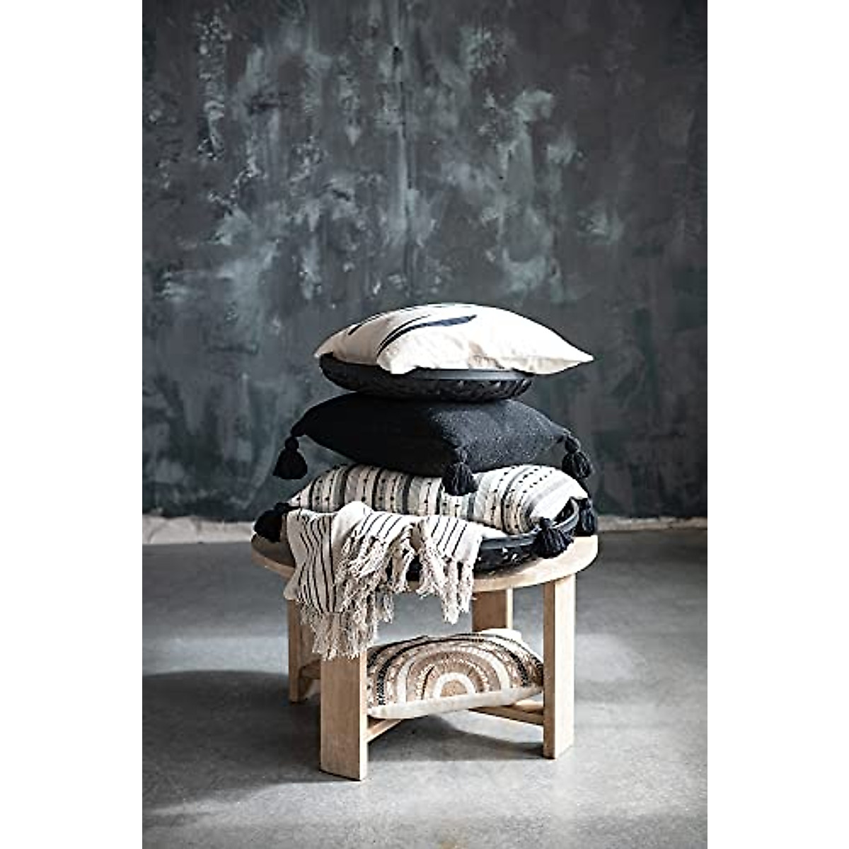 Bloomingville Rustic Boho Decorative Cotton and Linen Lumbar Embroidered Abstract Sunrise Pattern Pillow, Multicolored