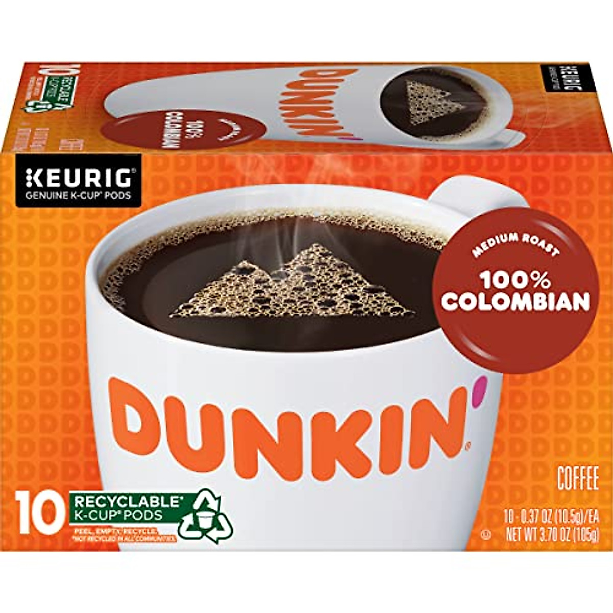 Dunkin' 100% Colombian Medium Roast Coffee, 10 Keurig K-Cup Pods