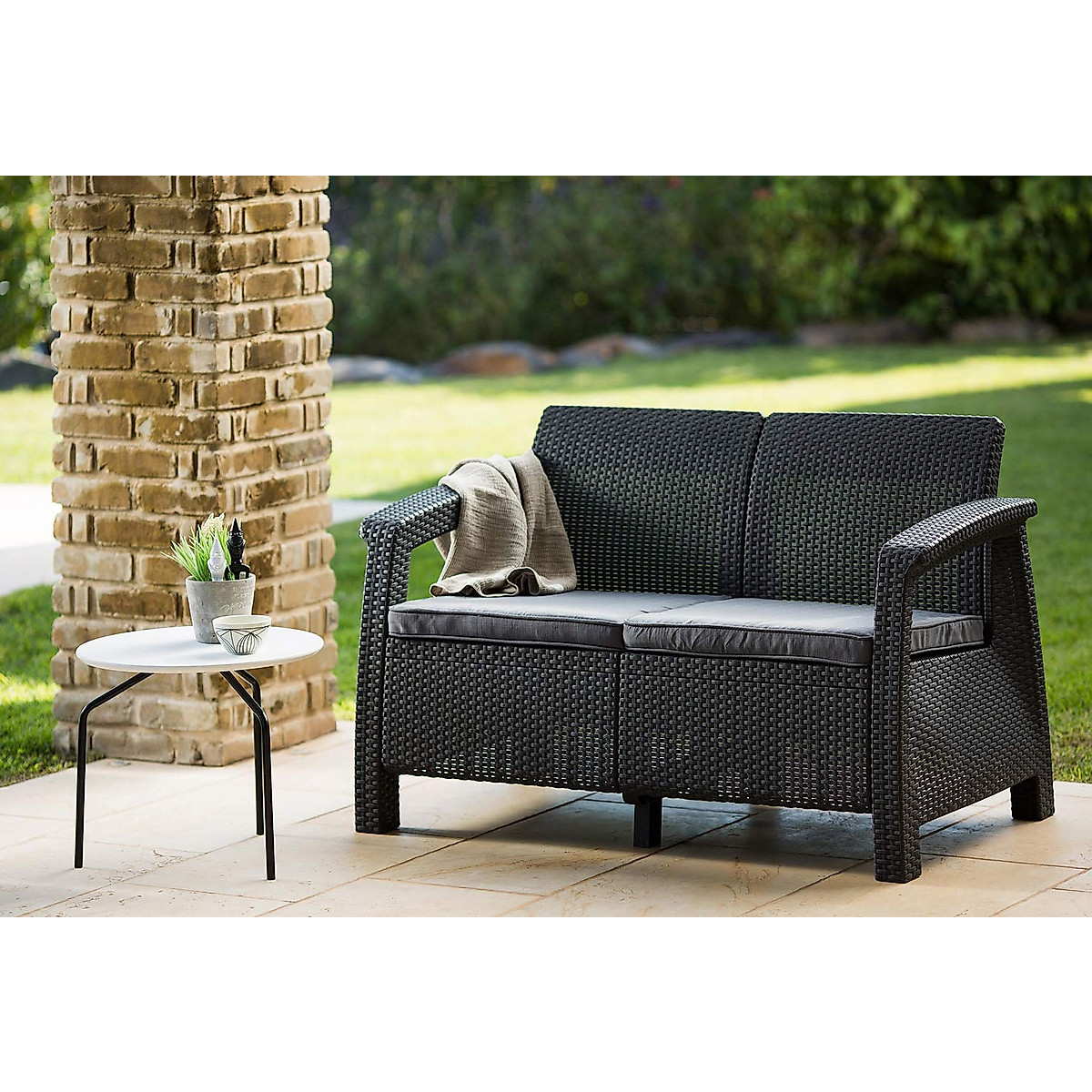 Keter Corfu Resin Wicker Loveseat with Outdoor Cushions – Patio Furniture Perfect for Front Porch Décor and Poolside Seating, Grey