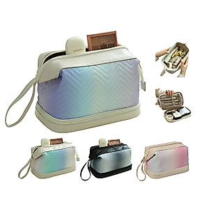 BELLELE Double Layer Cosmetic Bag, Large Makeup Bag, Bag for Women and Girls, Teen Makeup Bag, Gradient Makeup Bag, Cosmetic School Bag, Portable Leather Toiletry Bag-Purple