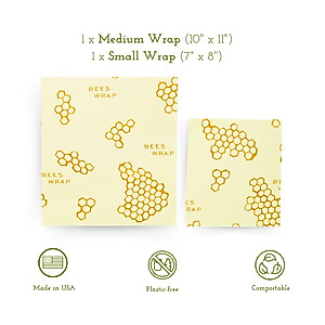 Bee's Wrap Reusable Beeswax Food Wraps Made in the USA, Eco Friendly Beeswax Wraps for Food, Sustainable Food Storage Containers, Organic Cotton Food Wraps, Assorted 2 Pack (S, M), Honeycomb Pattern