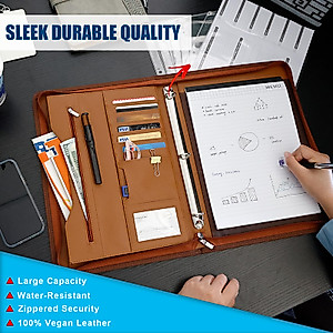 Deziliao 3-Ring Padfolio Portfolio Binder Organizer, Document Organizer Folio, 10.4 Inch PU Leather Business Portfolio with Zipper, Business Planner Notebook Organizer for Women/Men（Brown）