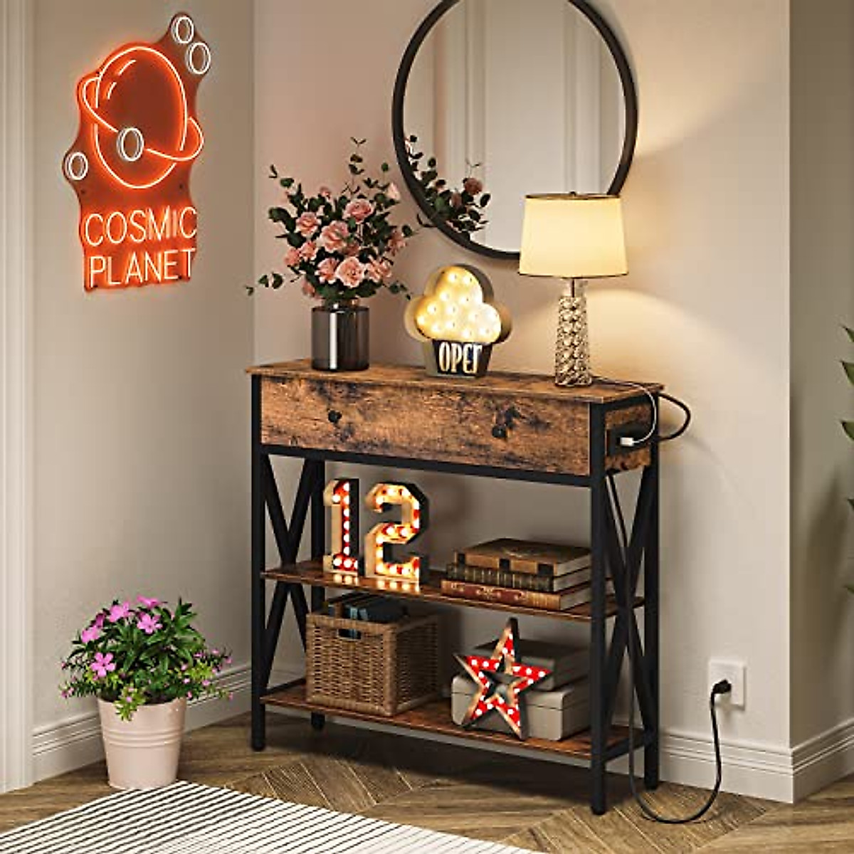 HOOBRO Console Table with Outlets and USB Ports, Narrow Entryway Table with Drawer, Small Sofa Table with 2 Storage Shelves, Behind Couch, Living Room, Hallway, Foyer, Kitchen, Rustic Brown BF88XG01