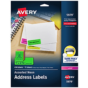 Avery Printable Address Labels with Sure Feed, 1" x 2-5/8", Assorted Neon (Magenta, Green and Yellow), 450 Blank Mailing Labels (5979)