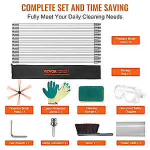 VEVOR 39 Feet Chimney Sweep Kit, w/ 12 Reinforced Nylon Flexible Rods, Ergonomic Chimney Cleaning Brush, 360-Degree Brush Chimney Cleaner, Rich Accessories for Fireplace Flue Home Use Fits Most Pipes