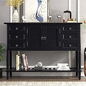 XD Designs Retro Style Sideboard Console Table, Free Standing Kitchen Storage Buffet Server Cabinet, 45 Table Sofa 6 Drawers, 1 Cabinets and Bottom Shelf (Black + MDF), 45.28Wx14.96Dx34.02H