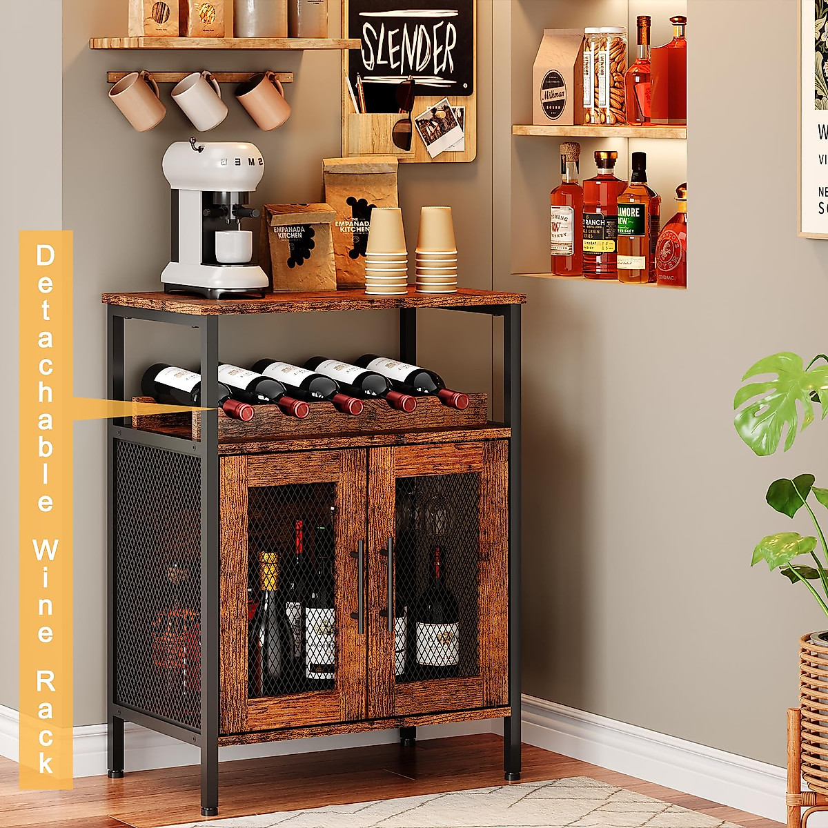 X-cosrack Wine Bar Rack Cabinet with Detachable Wine Rack, Coffee Bar Cabinet with Glass Holder, Small Sideboard and Buffet Cabinet with Mesh Door, Rustic Brown(Patent Pending)