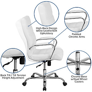 EMMA + OLIVER High Back White LeatherSoft Executive Swivel Office Chair with Chrome Frame/Arms