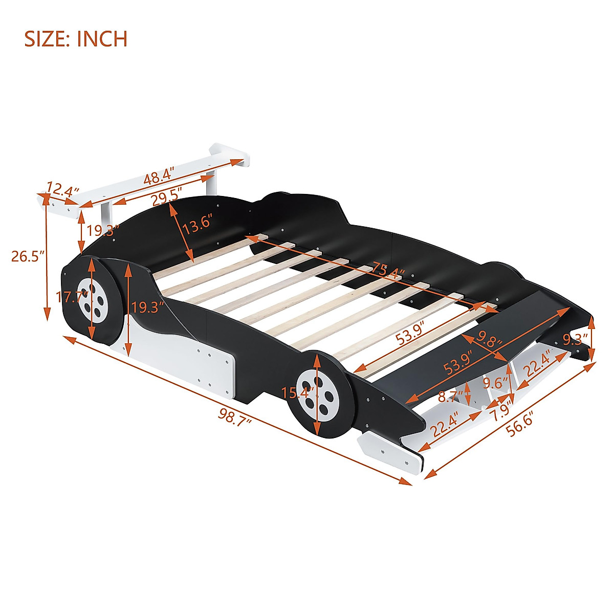 Merax Full Size Race Car Bed Frame for Boys, Wood Car-Shaped Platform Bed with Wheels, Black