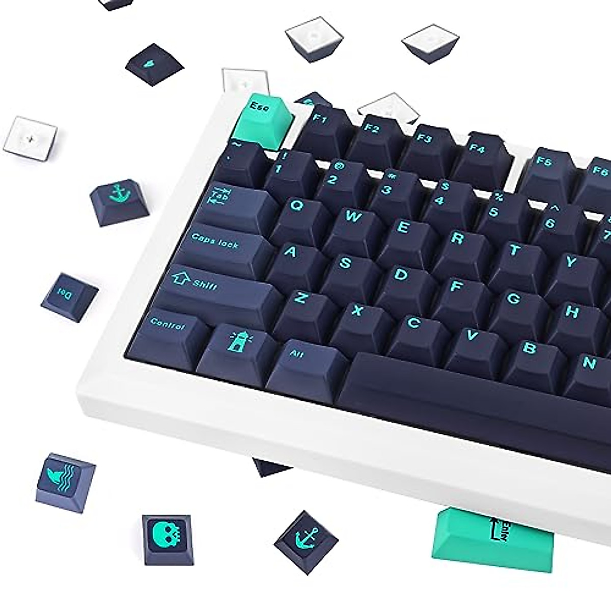 GEKUCAP Custom Keycaps, 129 Keys Dark Blue Keycaps, Dye Sublimation PBT Key Caps, Cherry Profile Keycaps Hammerhead Shark English Set for Cherry MX Gateron Kailh Switches Mechanical Keyboards