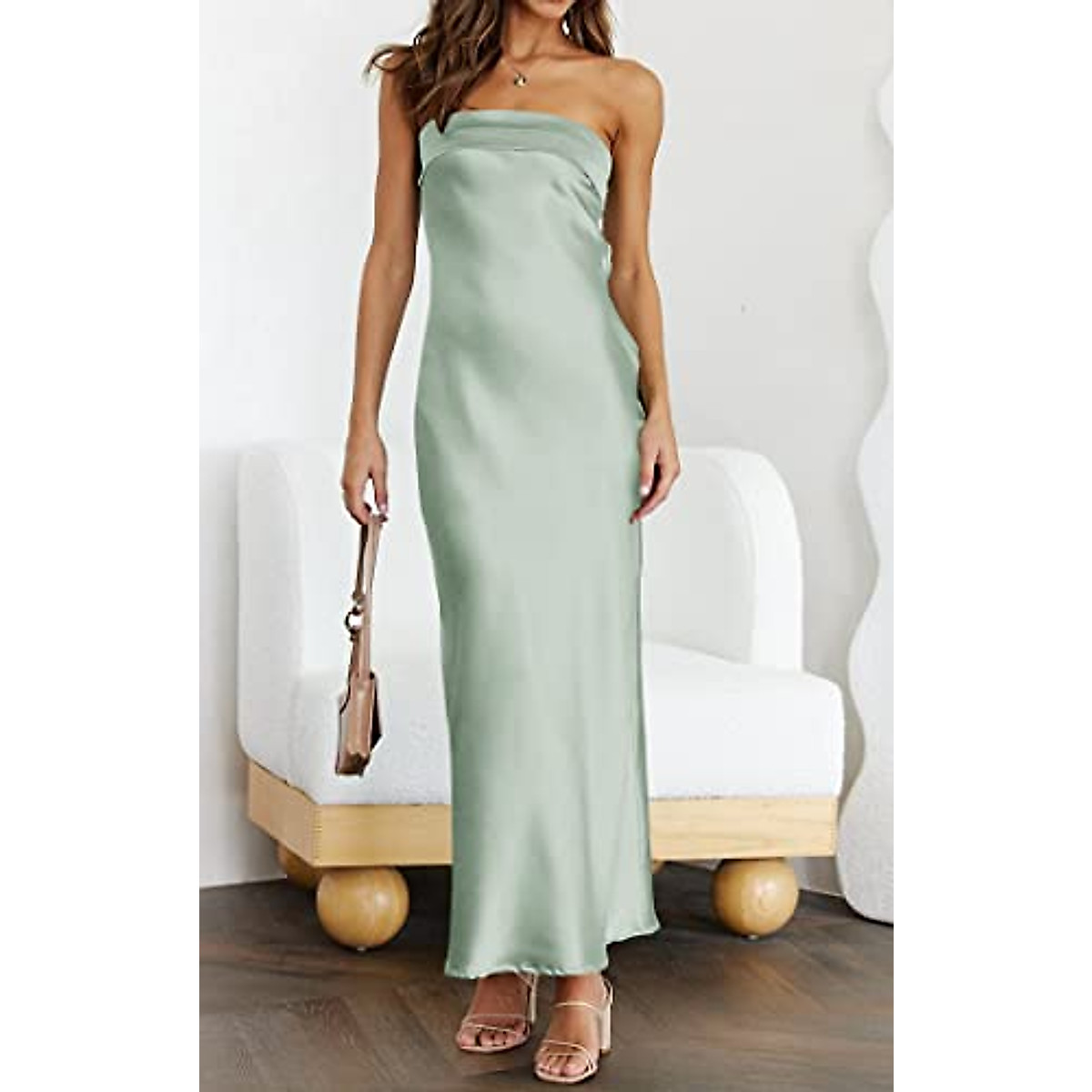 ZESICA Women's 2023 Summer Satin Strapless Dress Sexy Backless Bodycon Wedding Cocktail Party Maxi Dresses,Sage,Large