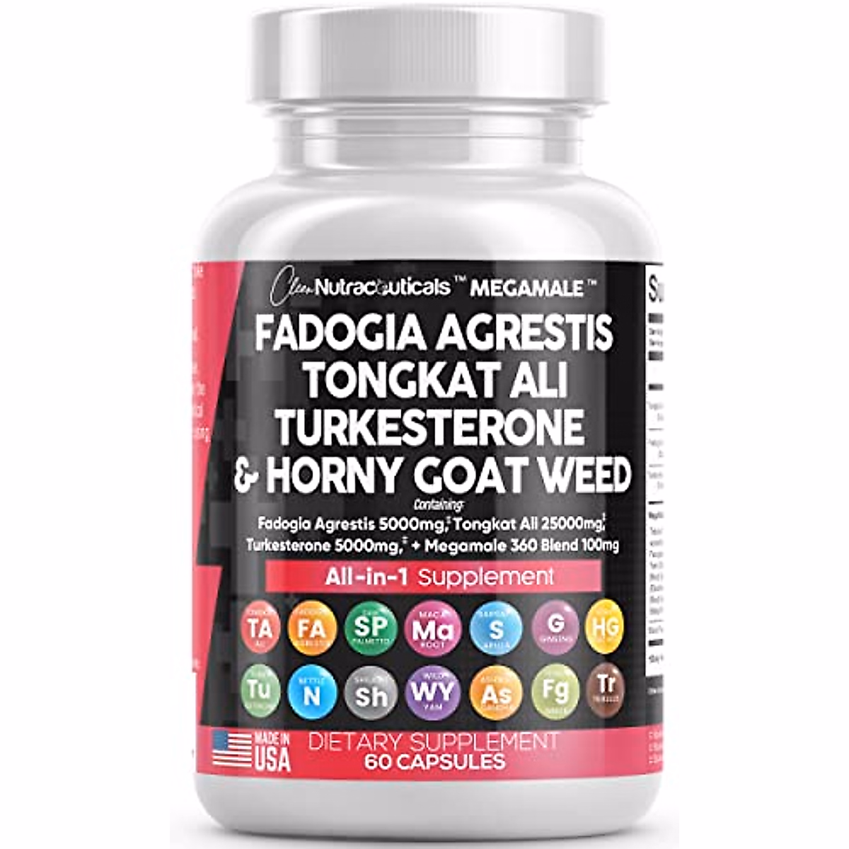 Fadogia Agrestis 5000mg Tongkat Ali 25000mg Turkesterone 5000mg Supplement with Horny Goat Weed, Saw Palmetto, Maca Root, Siberian Ginseng, Tribulus Terrestris, Fenugreek, Wild Yam USA - 60 Count