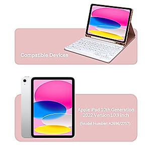 Keyboard Case for iPad 10th Generation 10.9 inch (2022) - Smart Keyboard for iPad 10th Generation, Removable Bluetooth Keyboard - Auto Sleep/Wake Up Folio Cover, Cute Case, Pink