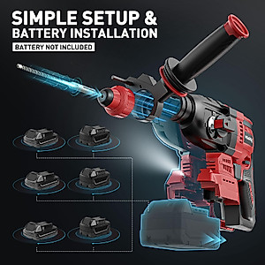 Rotary Hammer Drill For Milwaukee 18V: 1" SDS Plus Brushless Rotary Hammer - Safety Clutch 4 Application Modes Fastest Drilling For Concrete Tile Wood Wall Including 4 Drill Bits(Battery not included)