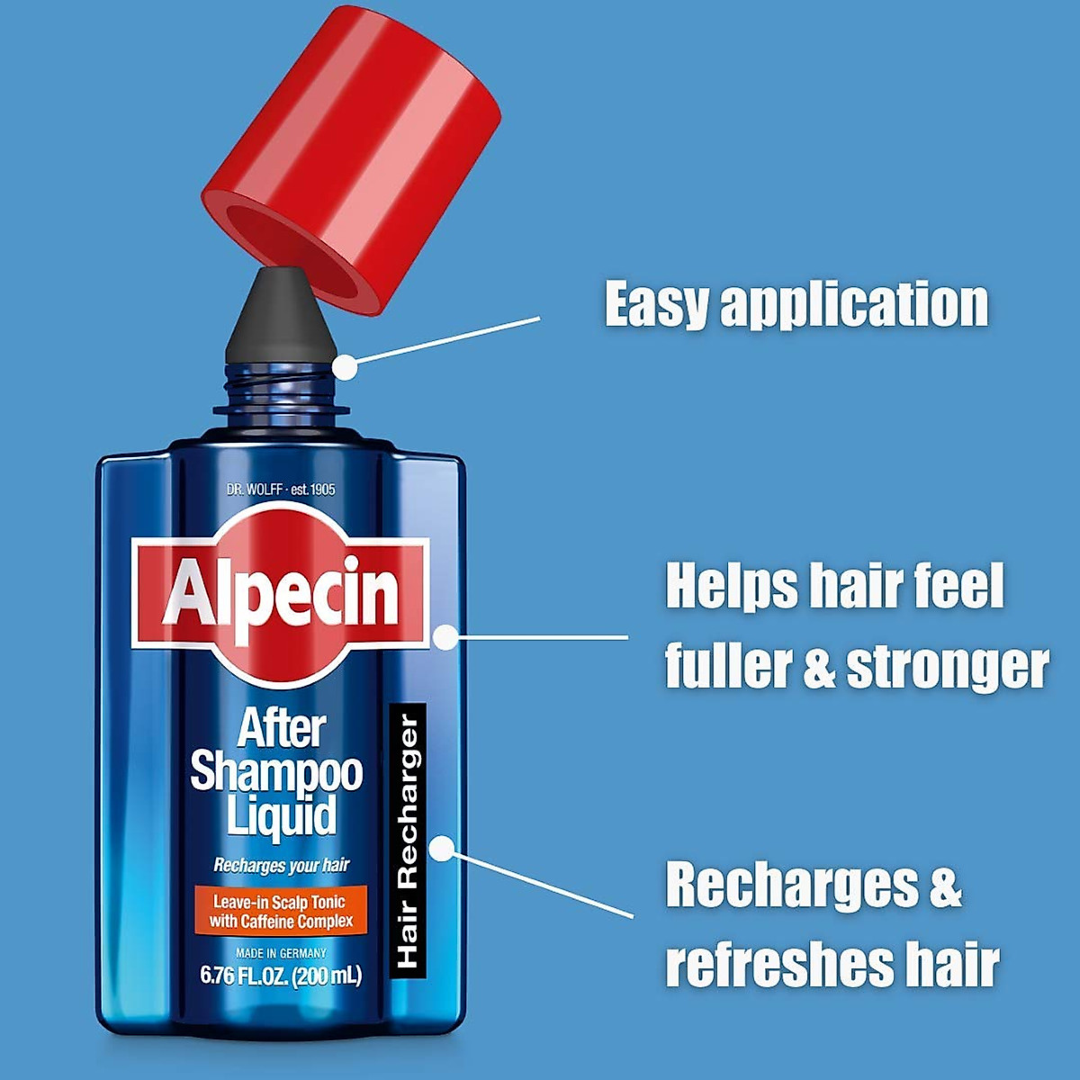 Alpecin After Shampoo Caffeine Liquid Hair Recharger, 6.76 fl oz, Scalp Tonic for Men's Thinning Hair Growth, Sulfate Free with Castor Oil