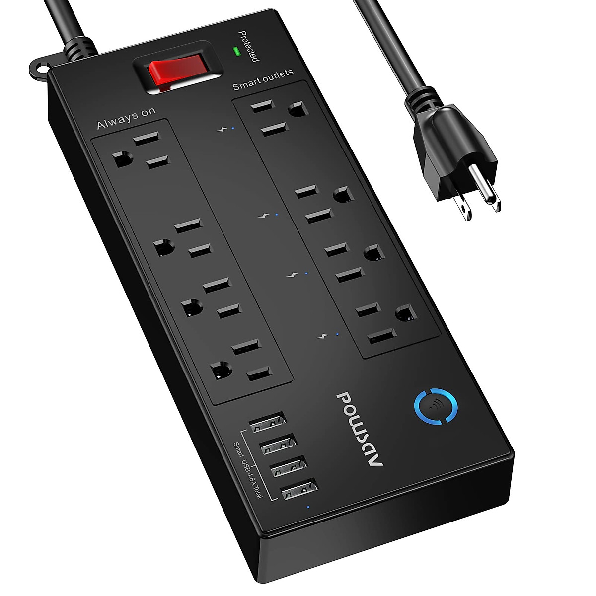 POWSAV 6 Ft WiFi Surge Protector - 8 Outlet Extension Cord with 4 Smart & 4 Always On Outlets, 4 USB Ports, Alexa & Google Home Compatible, Black