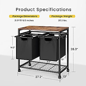 VIVOHOME Pull Out Laundry Hamper, 2-Compartment Laundry Basket with Shelf and Wheels, 2 x 30L Removable 600D Oxford Fabric Laundry Bags, Rustic Brown and Black