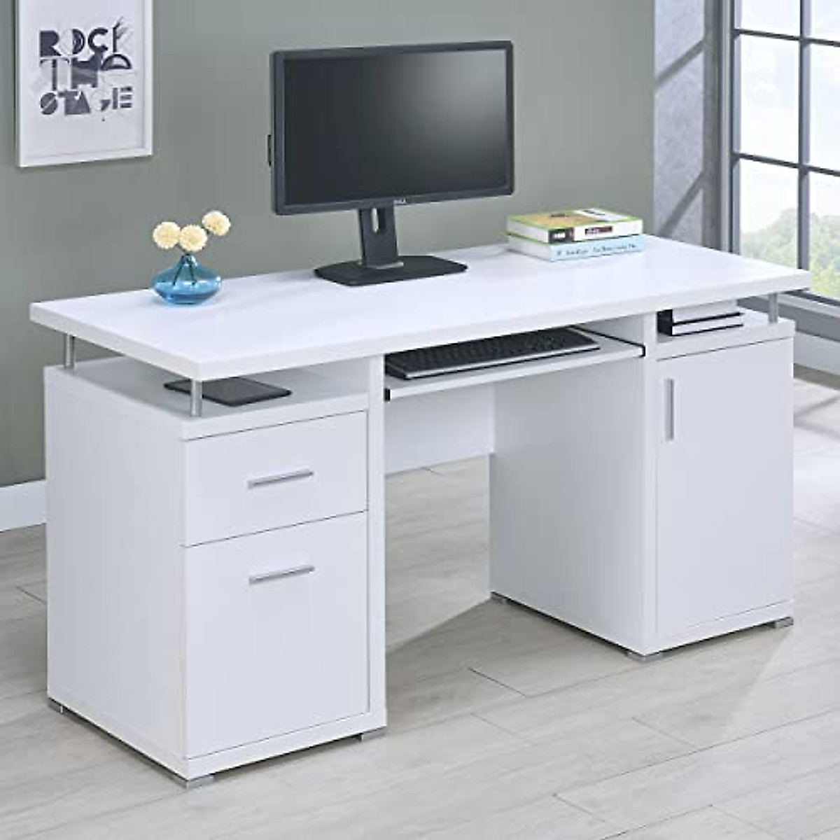 Coaster Furniture Tracy Modern Contemporary 2 Drawer Home Office Computer Desk with Keyboard Tray Storage File Cabinet White 800108
