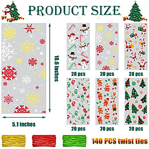 Twavang 120 Pcs Christmas Cellophane Treat Bags, Xmas Gift Bags Candy Goodies Bags with 140 Pcs Twists for Snacks Cookies Packing (10.6 x 5.1 inches)