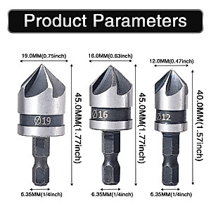HOHXEN 3Pcs 1/4'' Hex 5 Flute 90 Degree 1/2'' 5/8'' 3/4'' Countersink Drill Bit for Wood Metal Quick Change Set