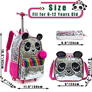 Meetbelify Girls Rolling Backpack Wheels Backpacks for Kids Luggage Wheeled Sequin Sparkly Trolley Trip Suitcase for Elementary Preschool Girls Panda Travel Backpack with Lunch Box for Picnic