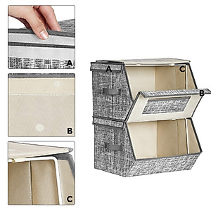SONGMICS Stackable Storage Bins Set of 2, Fabric Storage Boxes with Lids, Storage Cubes with Magnetic Closures, Front Windows, Lids Can Stay Open after Stacking, Light Gray URLB002G02